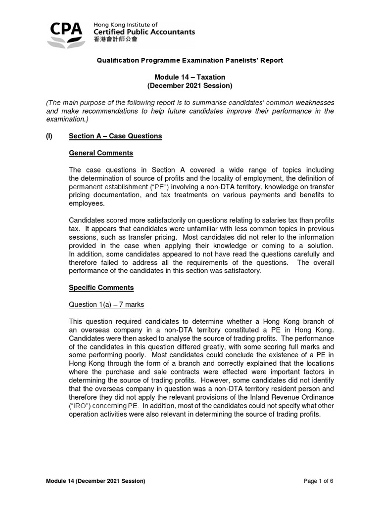HKICPA - QP - M14 - 2021 Dec - Panelists' Report | PDF | Finance ...