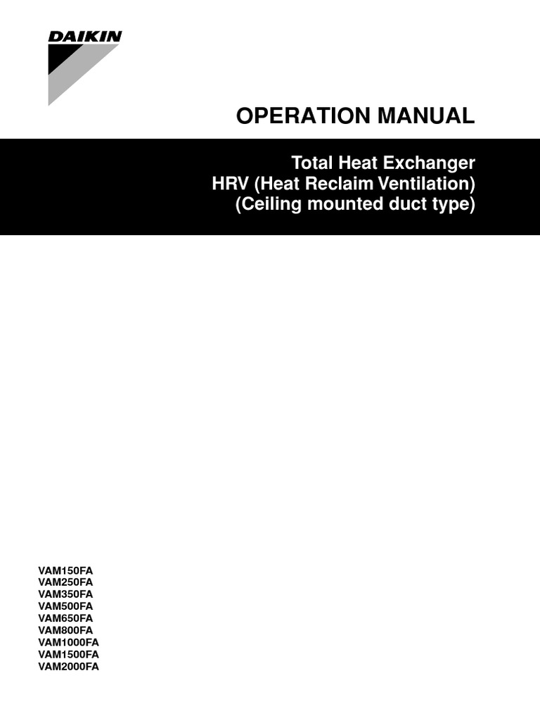 Daikin VAM-FA HRV (Ceiling Mounted Duct Type) Operation Manual English ...