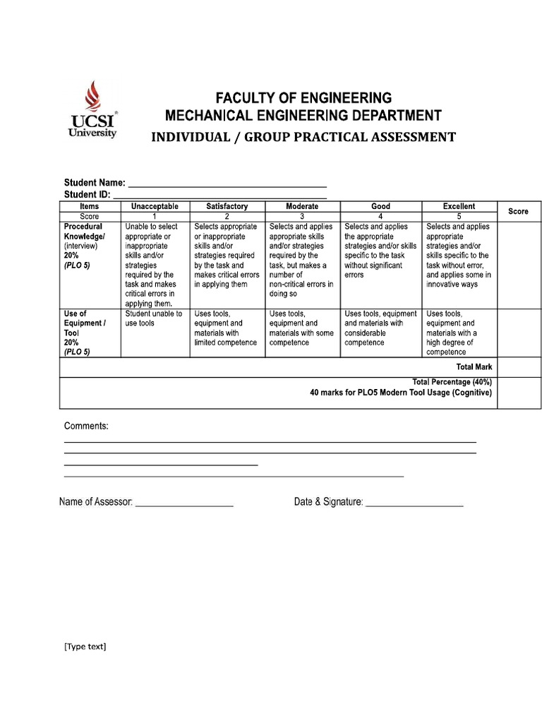 EK409 Lab Rubric (Practical Assessment) | PDF EK409 Lab Rubric (Practical Assessment) | PDF