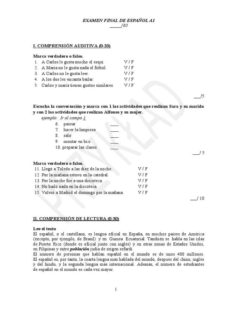 Examen Final Español A1: Comprensión y Gramática | PDF