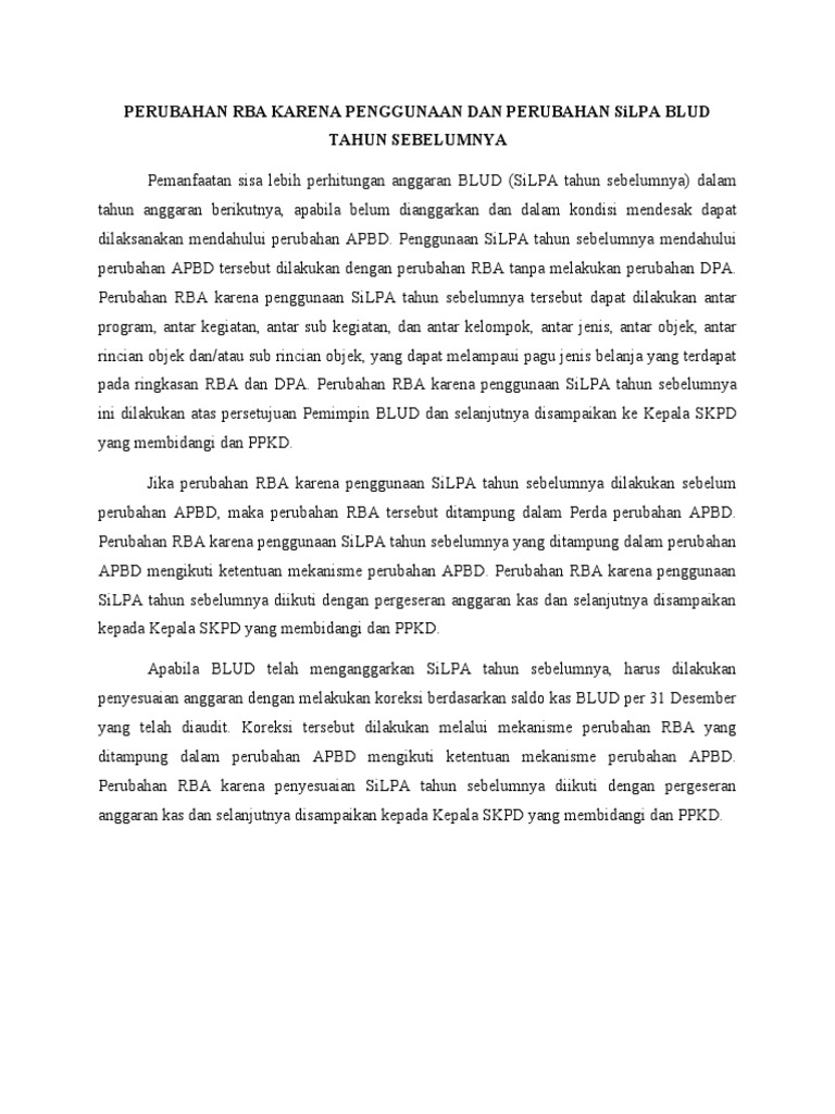 PERUBAHAN RBA KARENA PENGGUNAAN DAN PERUBAHAN SiLPA BLUD TAHUN ...