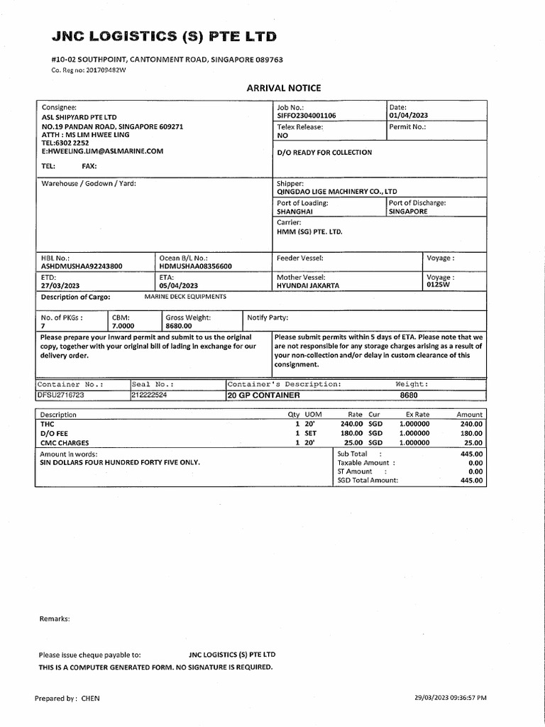 Arrival Notice | PDF