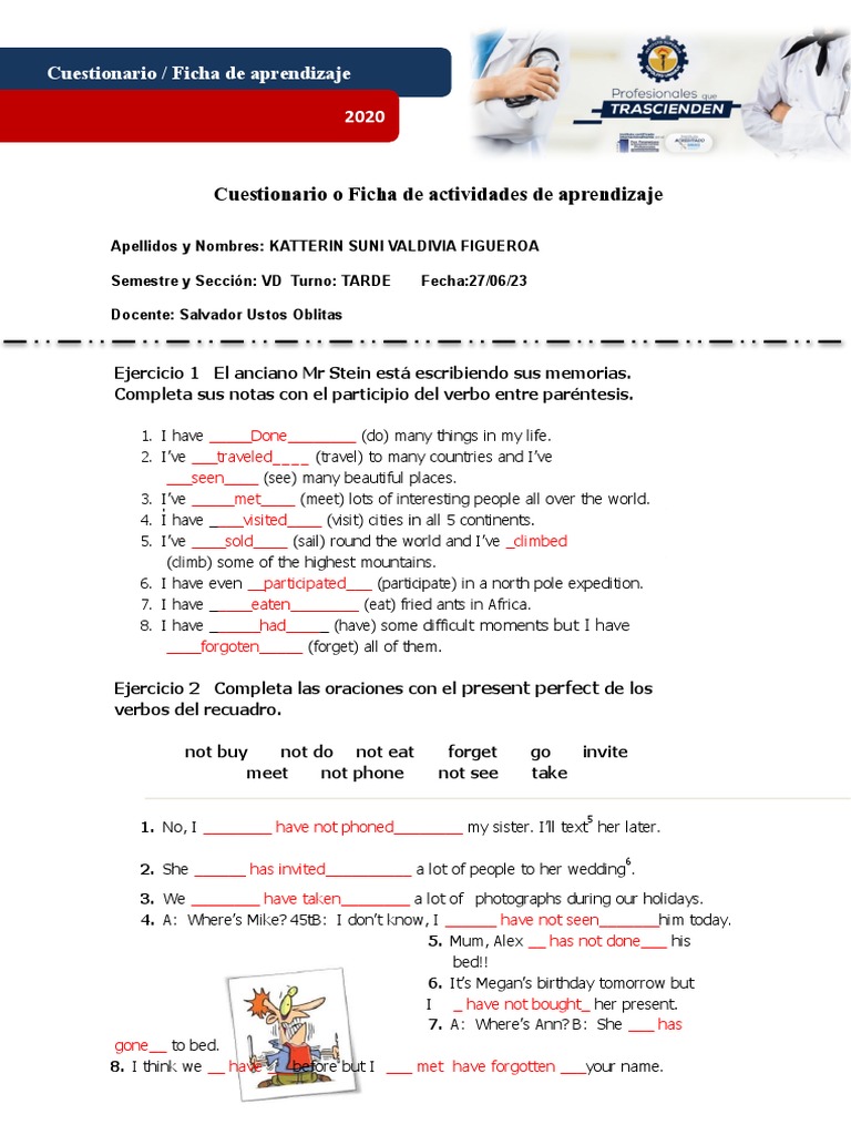 CUESTIONARIO 2020 Ingles II Present Perfect Tense | PDF