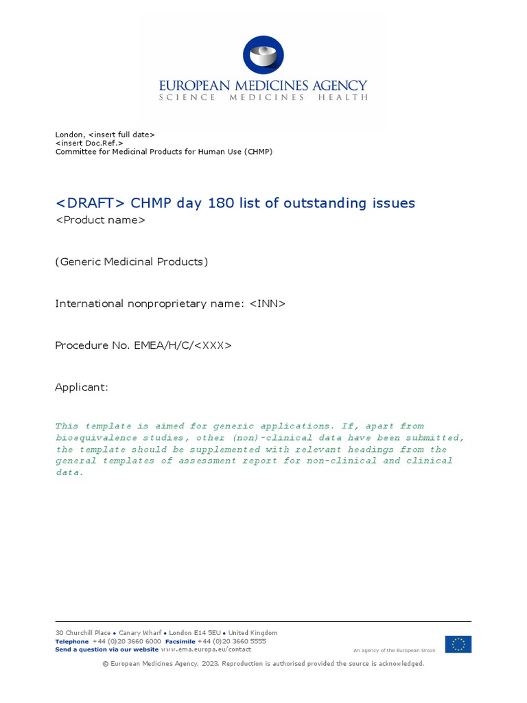 Day 180 List Outstanding Issues Generics Template Rev 1016 - en | PDF