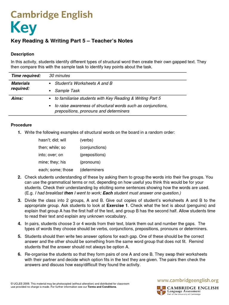 Cambridge English Key Ket Reading and Writing Part 5 | PDF | Teaching ...
