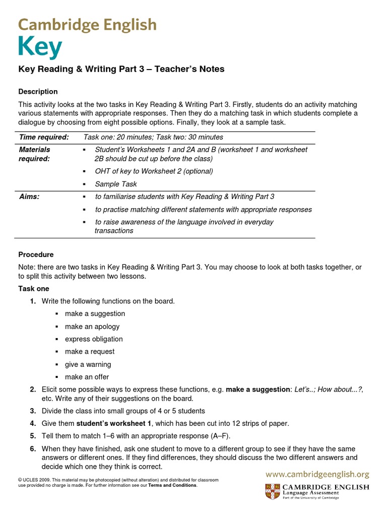 Cambridge English Key Ket Reading and Writing Part 3 | PDF