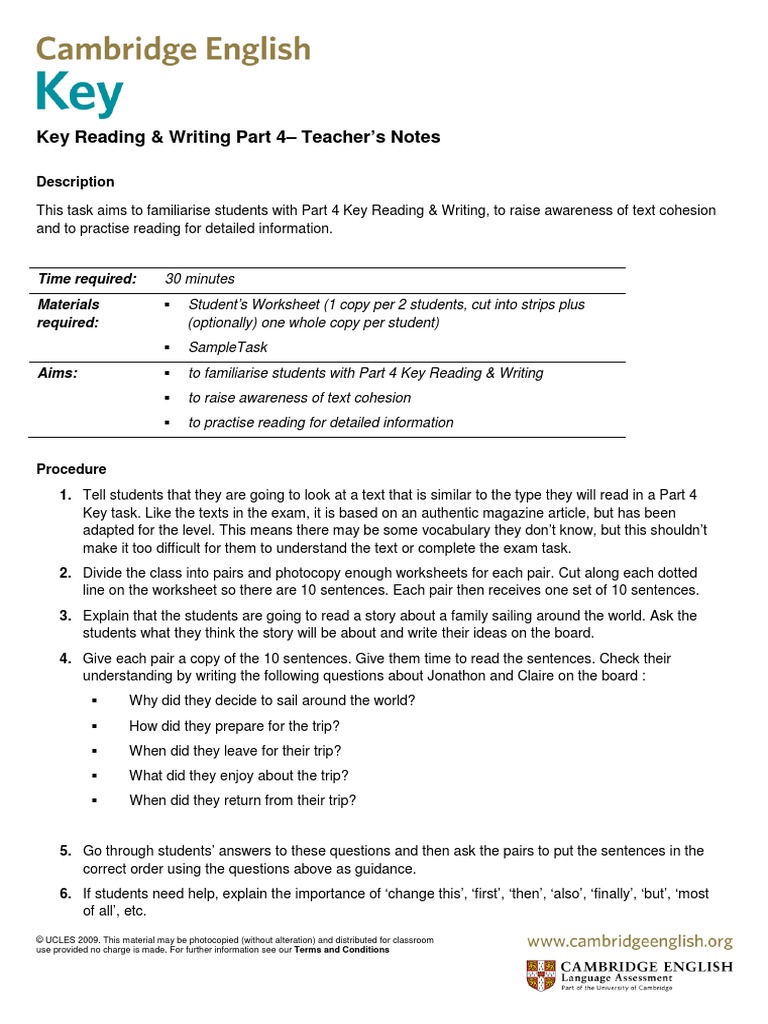 Cambridge English Key Ket Reading and Writing Part 4 | PDF
