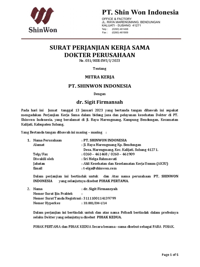Surat Perjanjian Kerja Sama Mitra Kerja Dokter Perusahaan Pdf