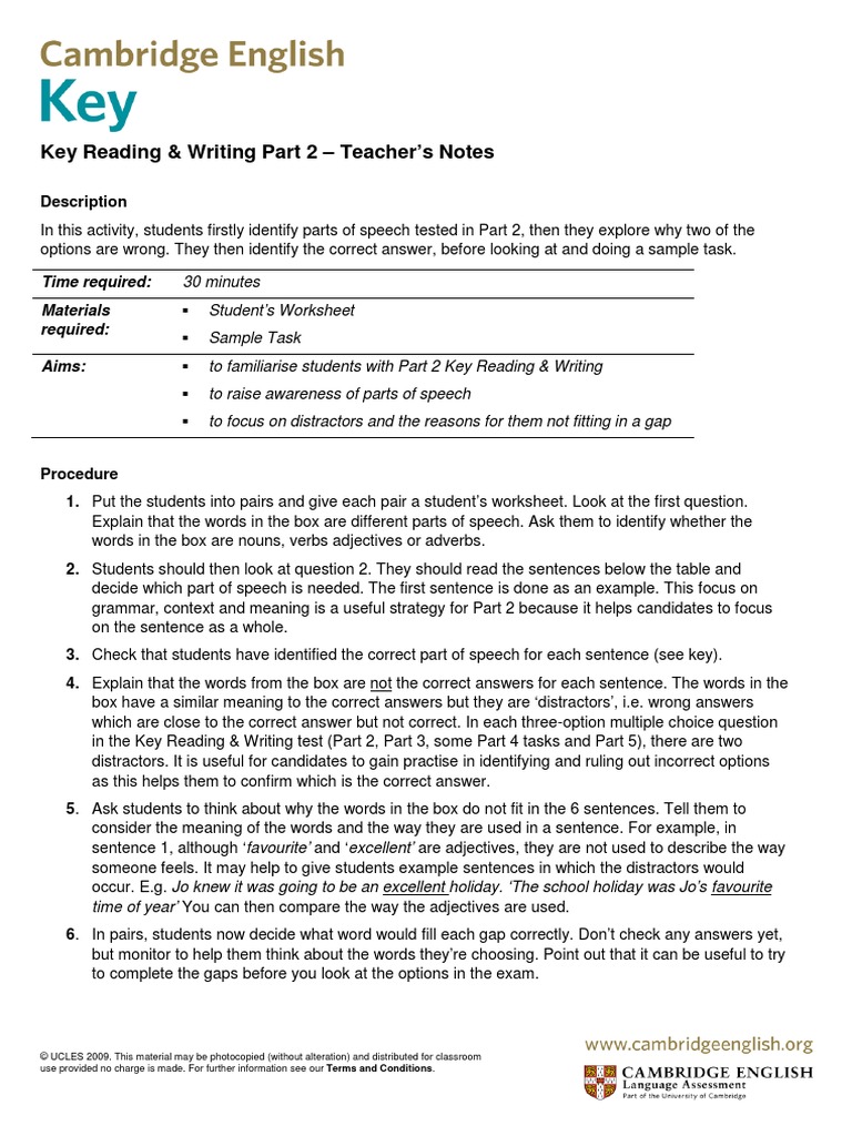 Cambridge English Key Ket Reading and Writing Part 2 | PDF