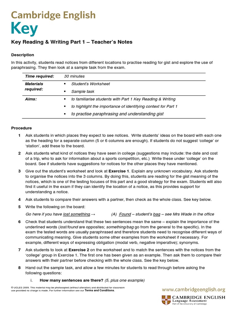 Cambridge English Key Ket Reading and Writing Part 1 | PDF