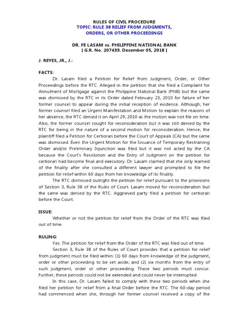 Civil Procedure Rule 38 RULES OF COURT Dra. Lasam vs. PNB | PDF