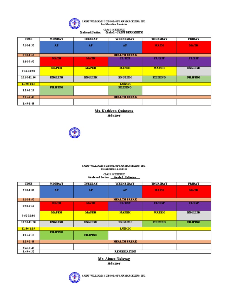 Class Sched ELEM | PDF
