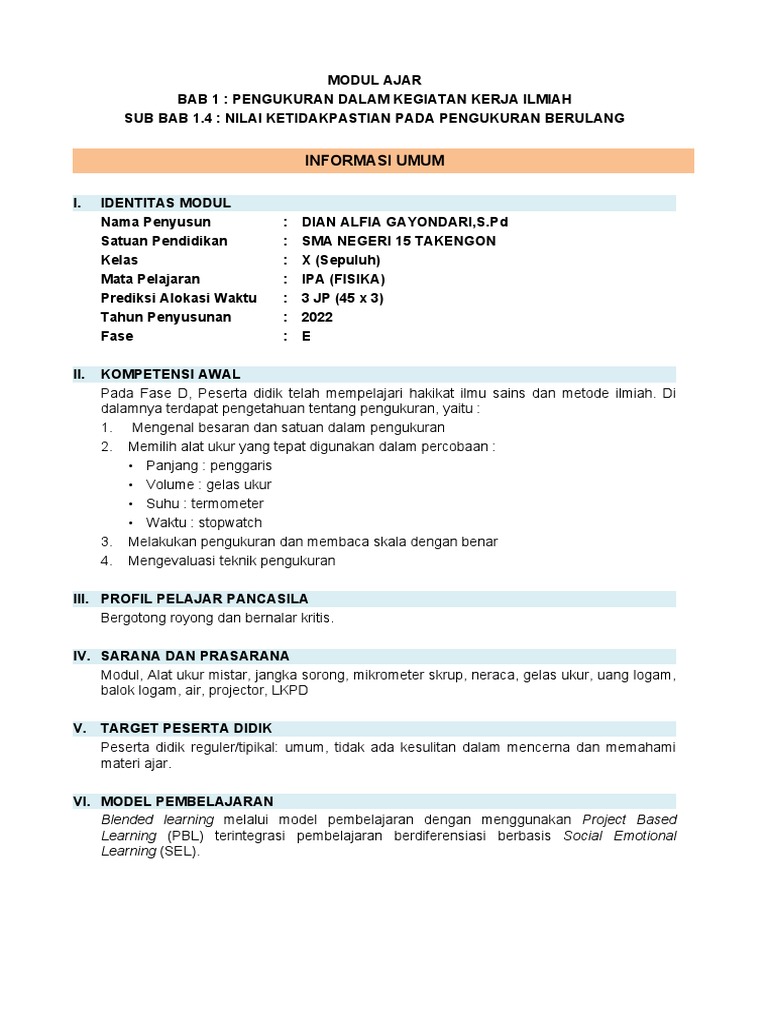 Sub Bab 1.4 - Nilai Ketidakpastian Pada Pengukuran Berulang | PDF