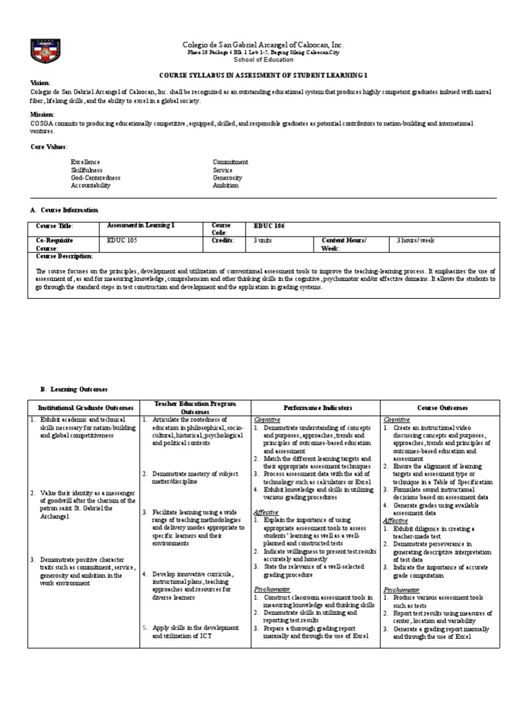 Assessment in Learning 1 Syllabus | PDF