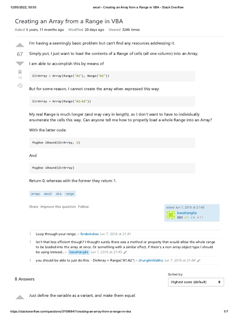 Excel Creating An Array From A Range In Vba Stack Overflow Pdf
