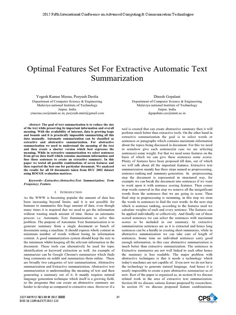 Optimal Features Set For Extractive Automatic Text Summarization Pdf