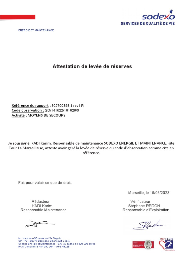 Attestation de Levée de Réserves: Référence Du Rapport: Code ...