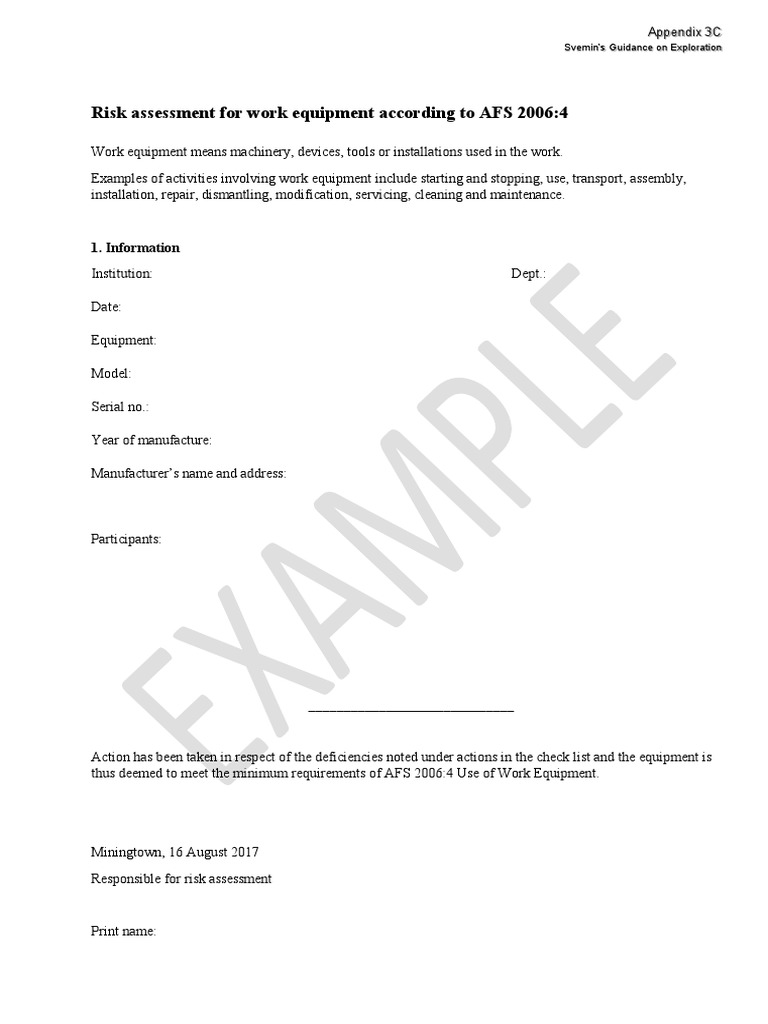 Appendix 3c Risk Assessment For Work Equipment According To Afs 2006 4 ...