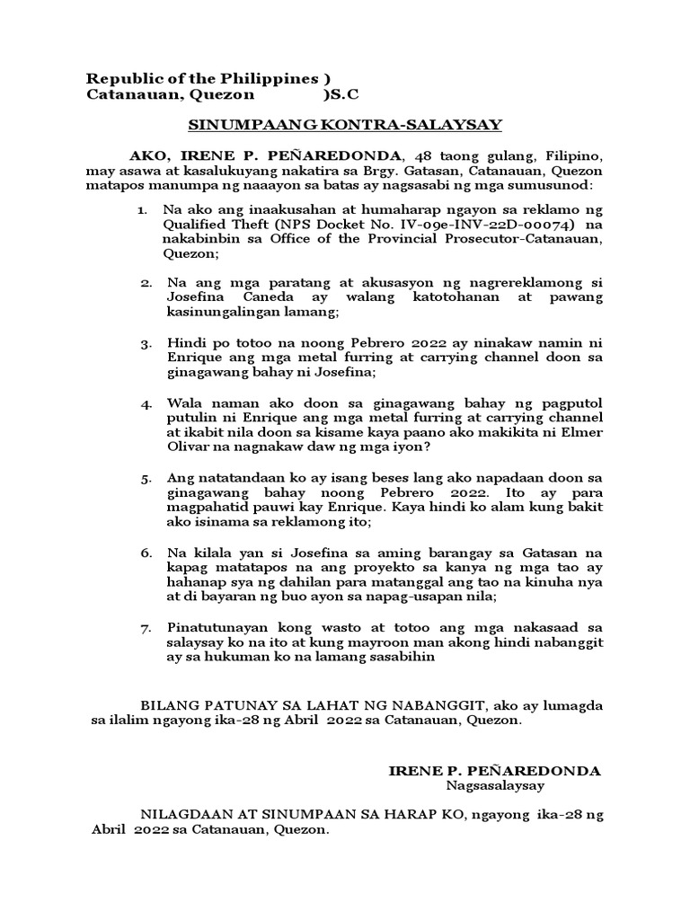 Sinumpaang - Kontra Salaysay Irene Peñaredonda | PDF