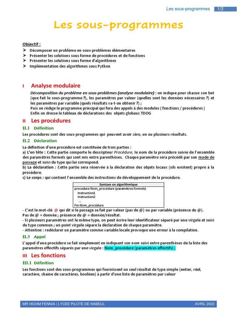 Les Sous Programmes Cours 2022 | PDF | Ordinateurs | Technologie et ingénierie