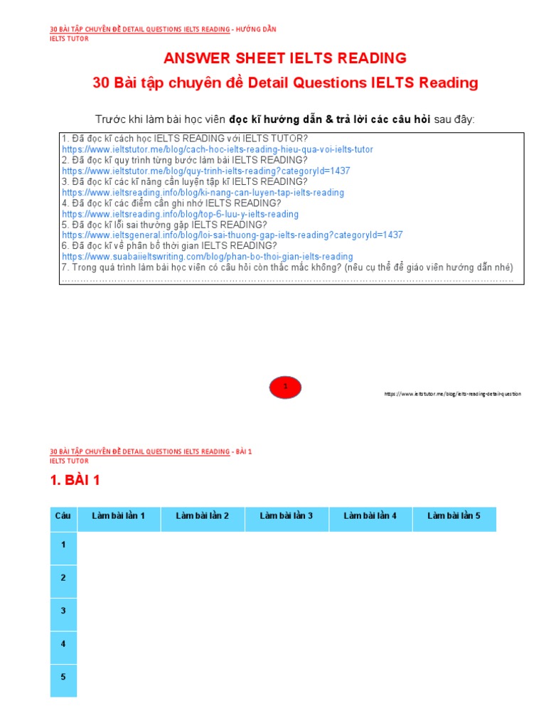 ANSWER SHEET IELTS READING - 30 BÀI TẬP CHUYÊN ĐỀ DETAIL QUESTIONS ...
