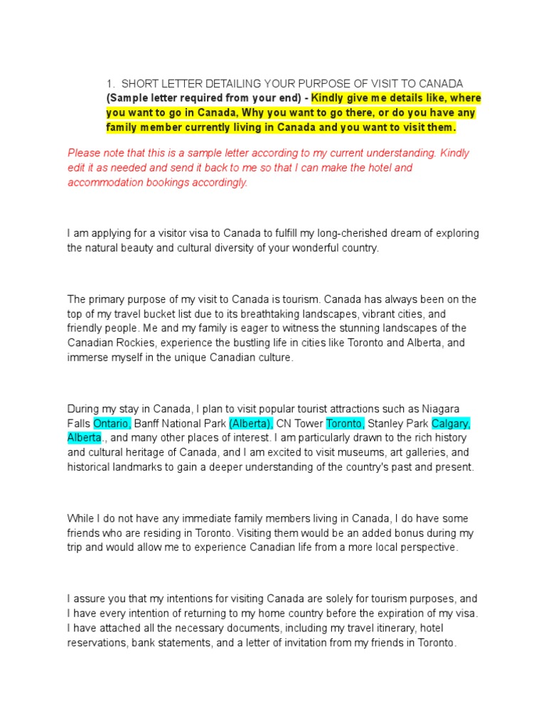 Canada Tourist Visa Purpose Letter | PDF | Social Science | Travel