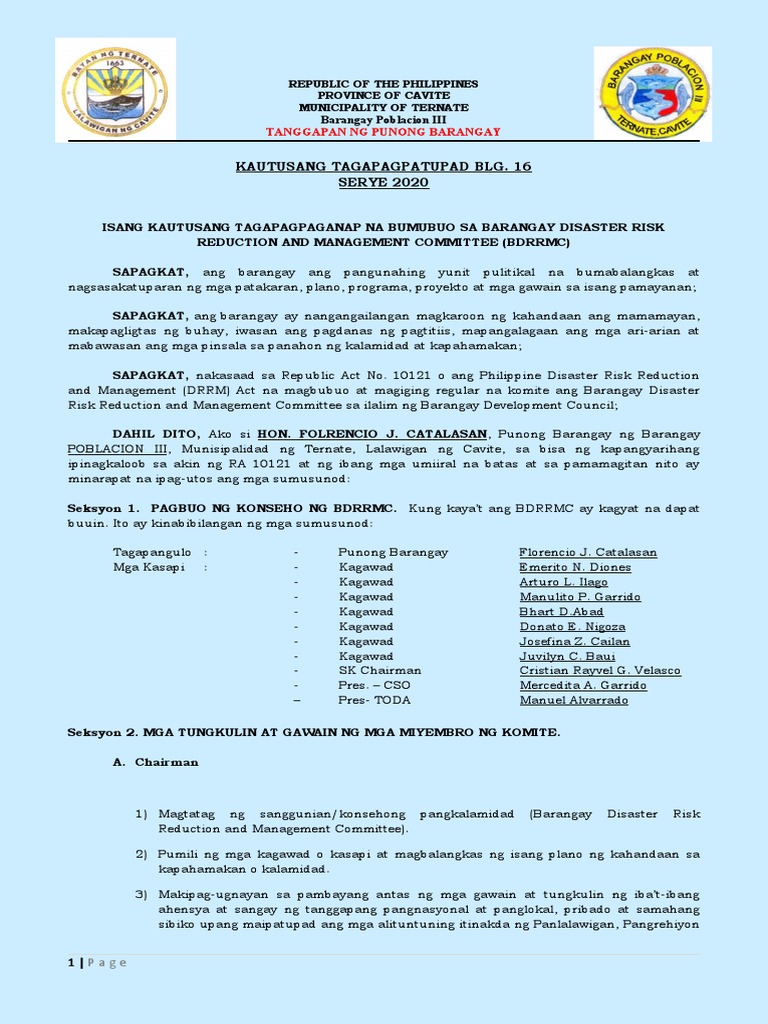 Eo No. 16 Kapasyahan Sa BDRRMC (Tagalog) | PDF