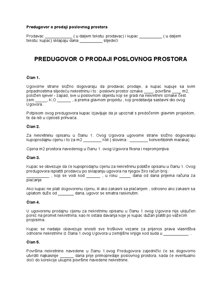 Predugovor o Prodaji Poslovnog Prostora | PDF