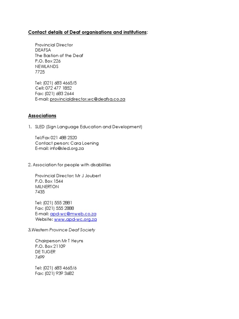 Contact Details of Deaf Organisations and Institutions | PDF