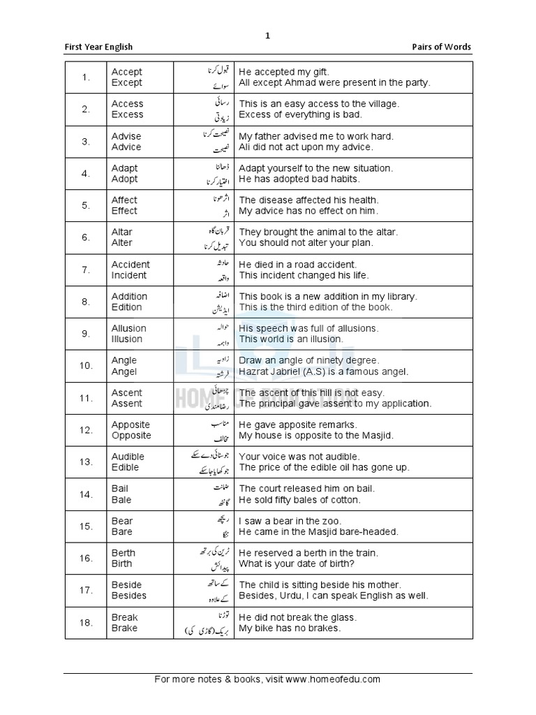 First Year English Word Pairs Guide | PDF