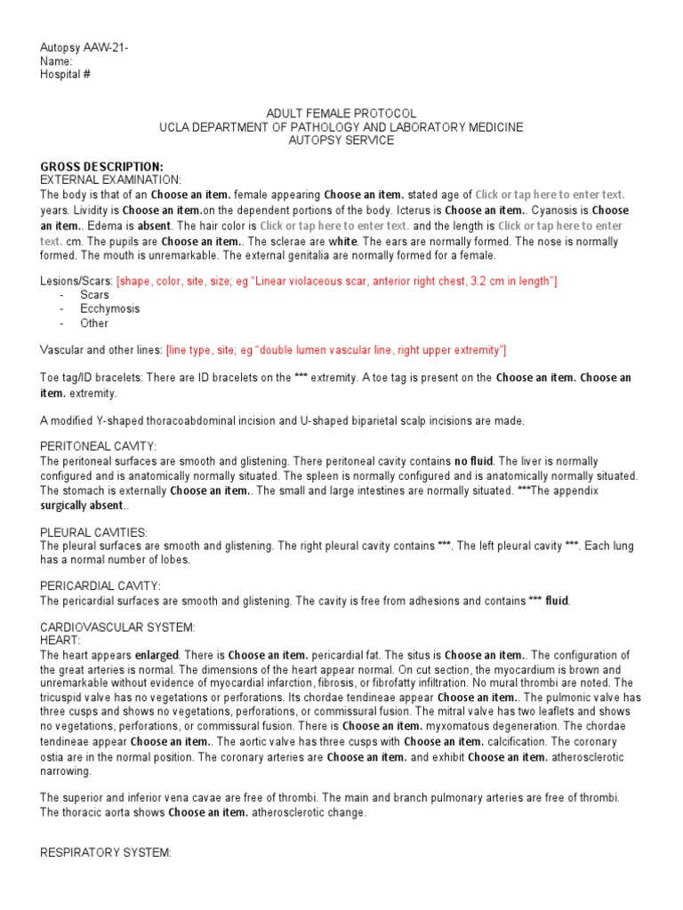 Adult Female Autopsy Template Updated - 0 | PDF | Wellness | Science ...