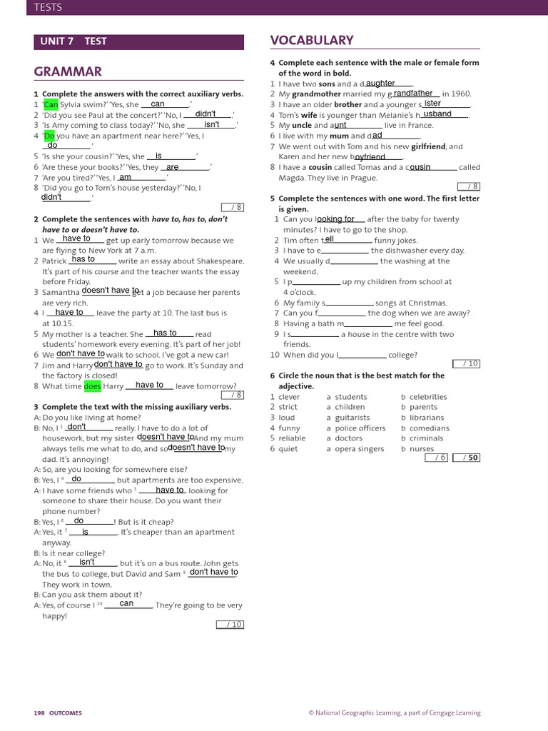 Outcomes Elementary Unit 7 Test | PDF