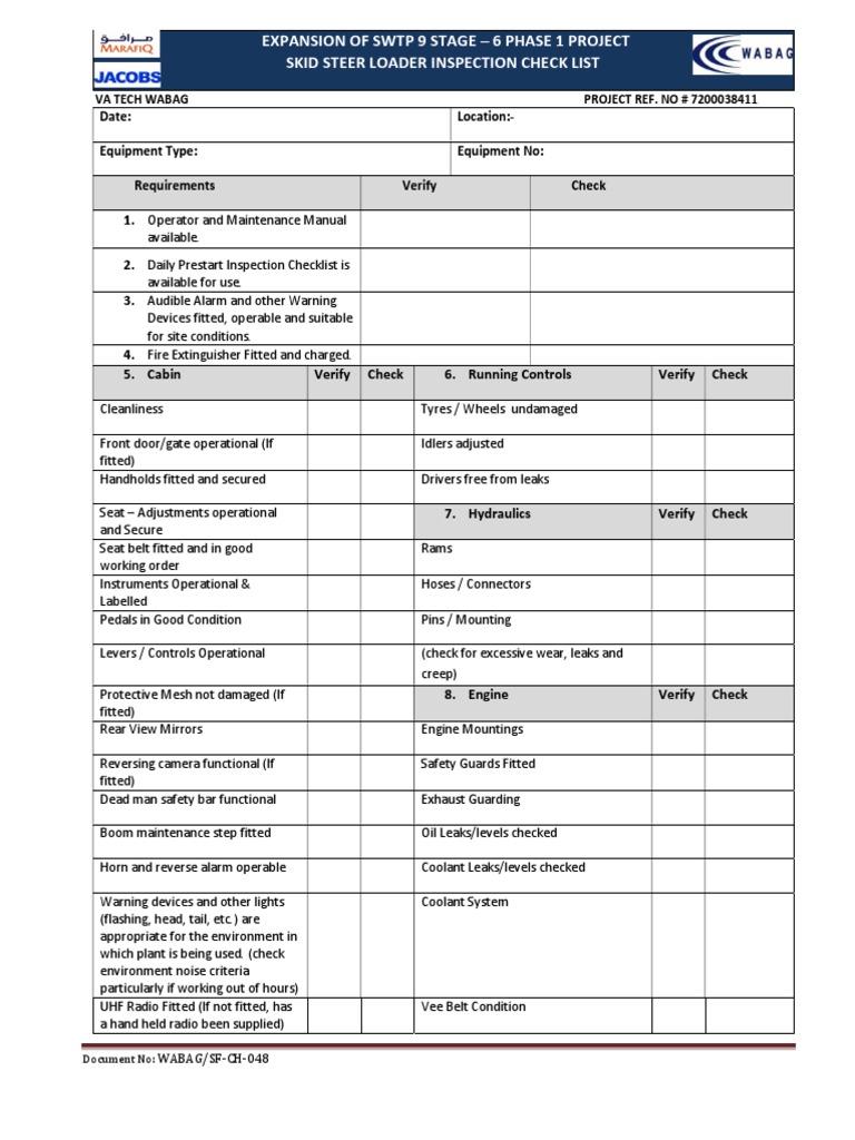 Skid Steer Loader Inspection Check List | PDF | Home & Garden ...