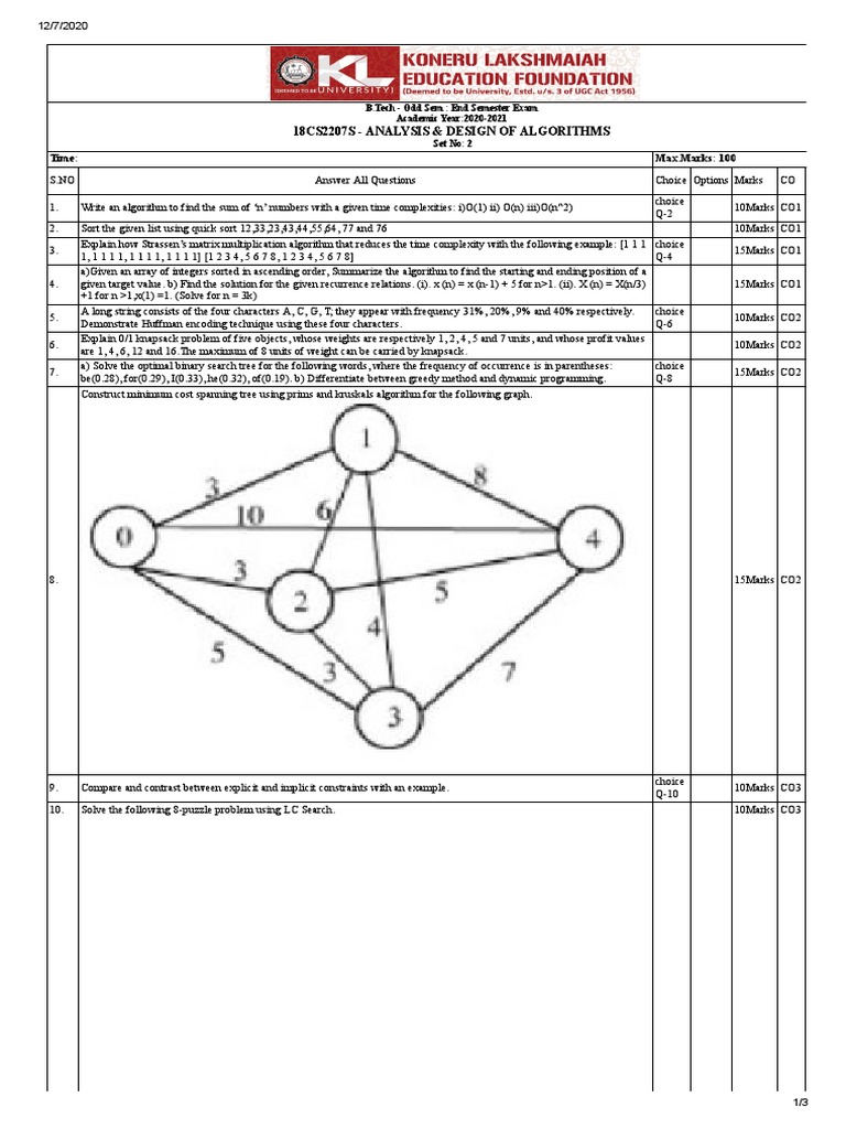 18CS2207S - Analysis & Design of Algorithms-Cse-Set-2 | PDF