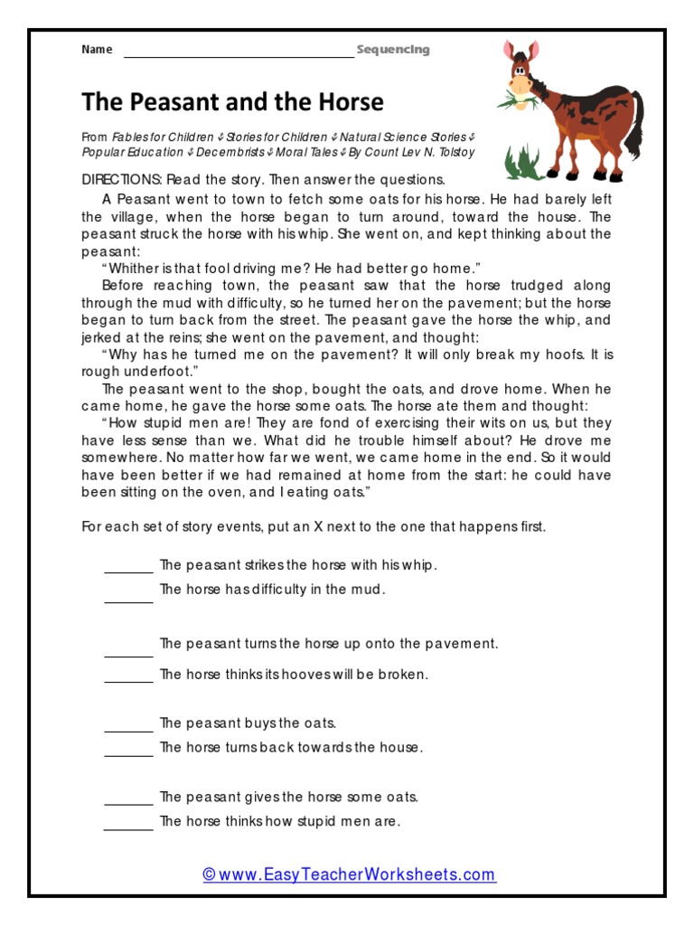The Peasant and The Horse: DIRECTIONS: Read The Story. Then Answer The ...