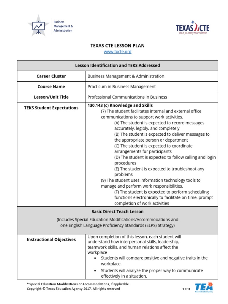 Lesson Plan Professional Communications in Business - 0 | PDF
