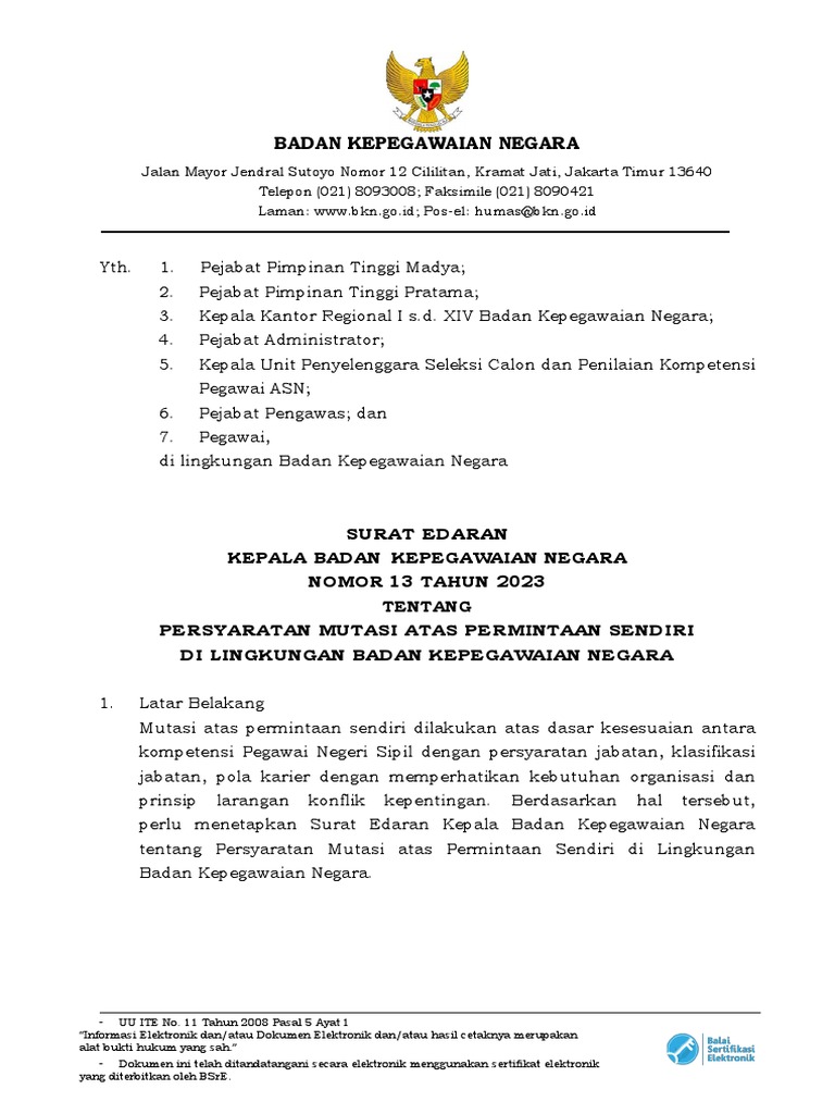 SE Kepala BKN Nomor 13 Tahun 2023 Tentang Persyaratan Mutasi Atas ... SE Kepala BKN Nomor 13 Tahun 2023 Tentang Persyaratan Mutasi Atas ...