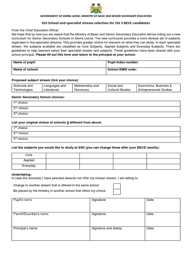 School and Subject Stream Selection Form v2 | PDF