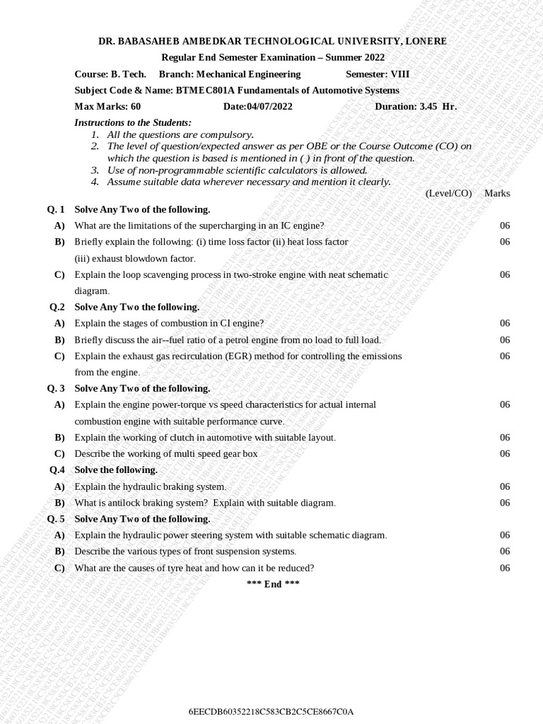 Fundamentals of Automotive Systems BTMEC801A | PDF