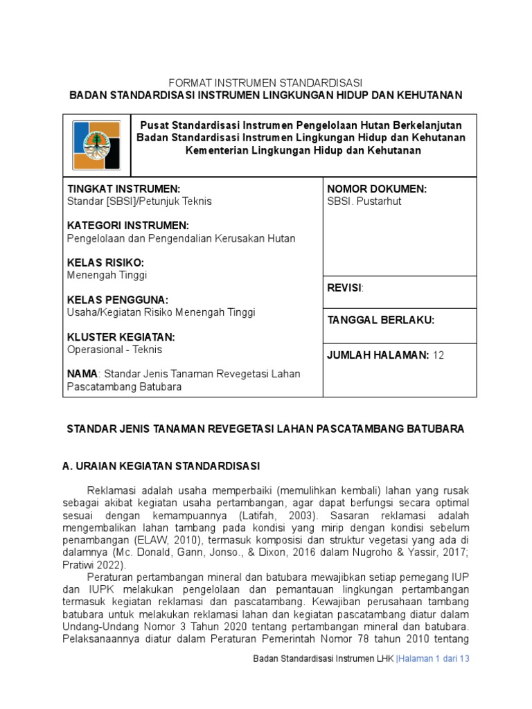 Standar Jenis Tanaman Revegetasi Untuk Reklamasi Lahan Pasca Tambang ...