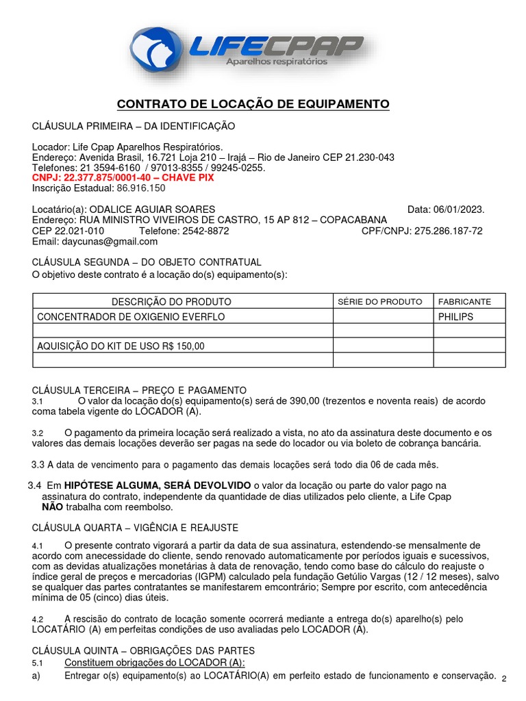 Contrato Life Cpap ODALICE SOARES | PDF