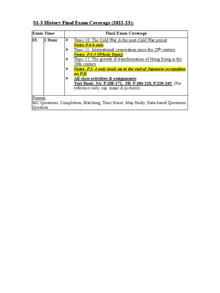 S3 History Final Exam Syllabus (22-23) | PDF