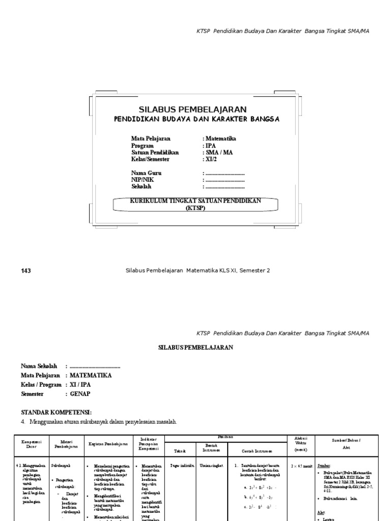 Silabus Matematika Kelas Xi Ipa Semester 2 | PDF