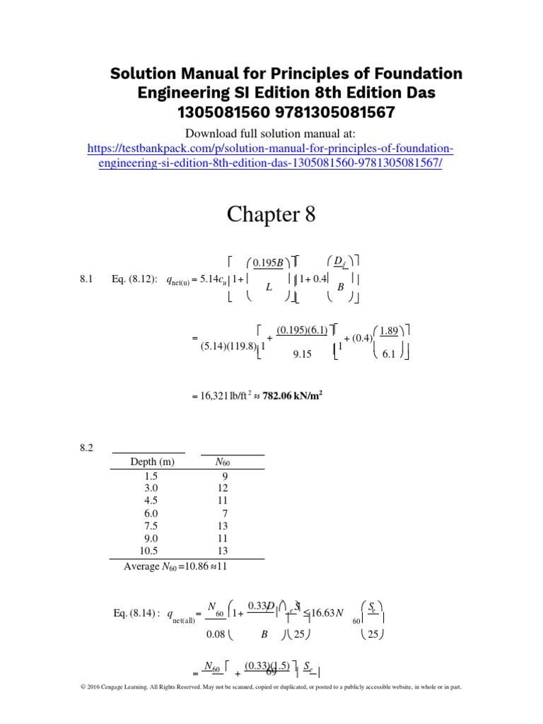 Principles of Foundation Engineering SI Edition 8th Edition Das Solutions Manual Download | PDF
