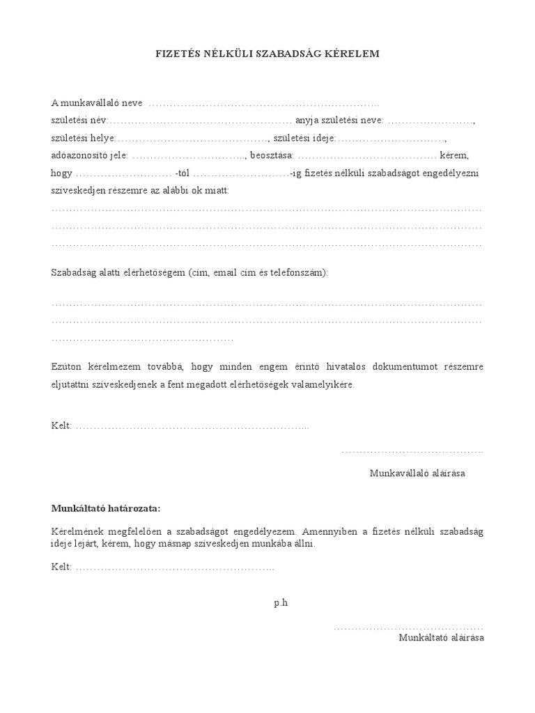 Fizetés Nélküli Szabadság Kérelem | PDF
