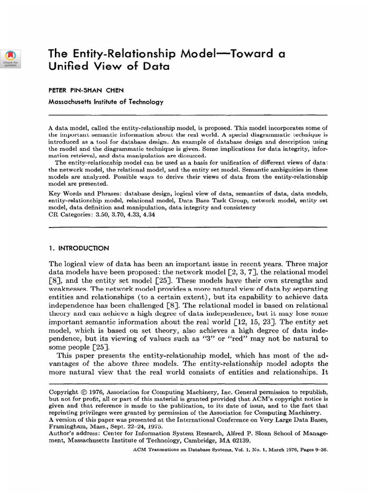 The Entity-Relationship Model - Peter Chen (1976) | PDF