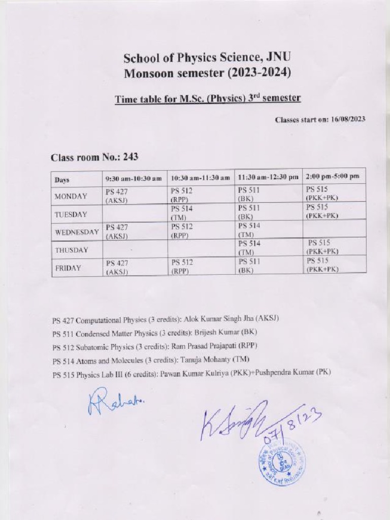 Time Table For M.sc. (Phy.) 3rd Sem Batch 2022 | PDF