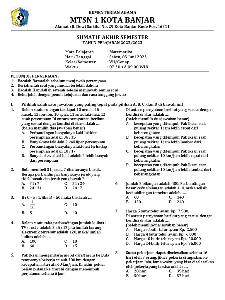 Soal Sas MTK Vii 2023 | PDF