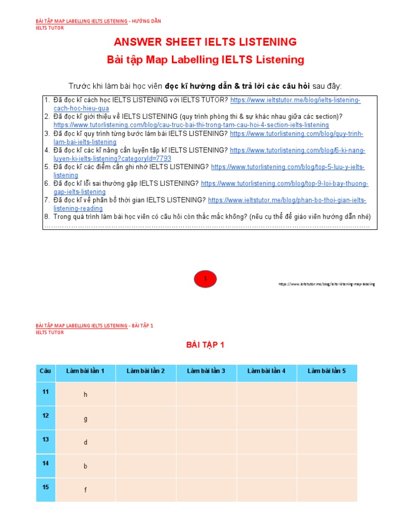 ANSWER SHEET IELTS LISTENING BÀI TẬP MAP LABELLING IELTS LISTENING | PDF