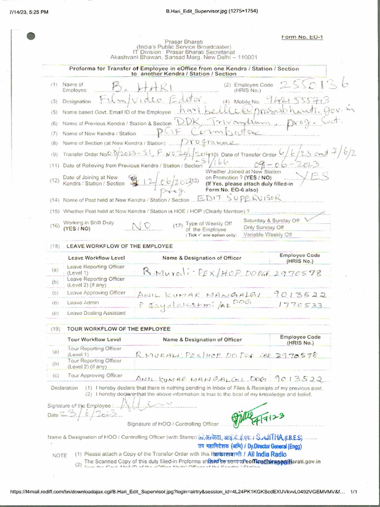 Form EO 1 Shri B Hari Edit Supervisor With | PDF